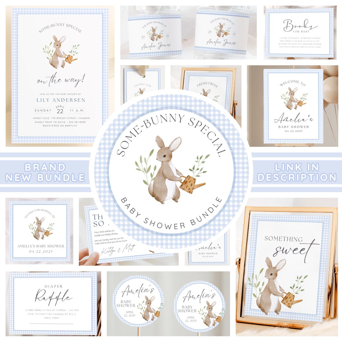 Editable Blue Gingham Baby Shower Invitation for Boy Mini Bundle ...