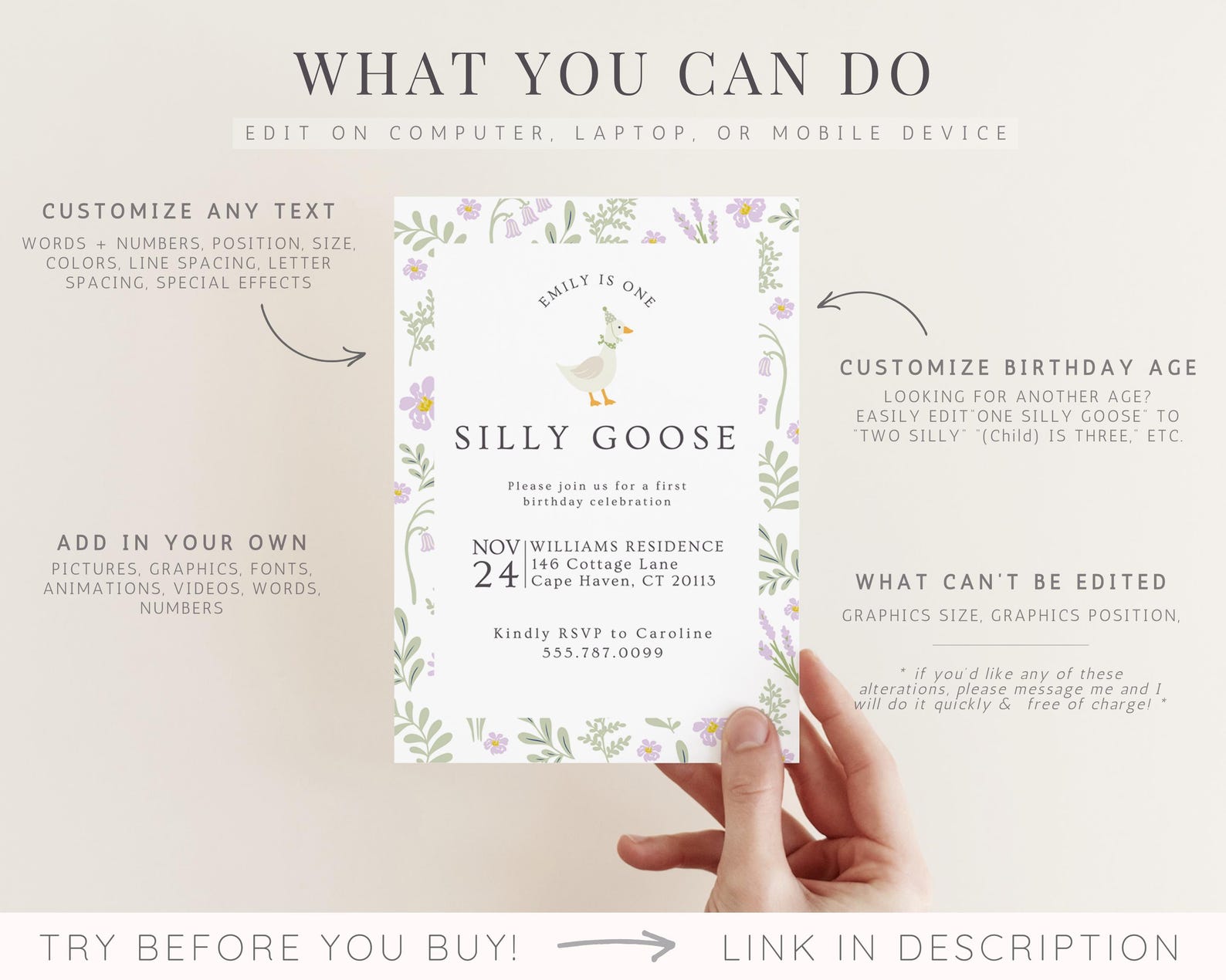 Light Purple Floral One Silly Goose Birthday Invitation Template Canva ...