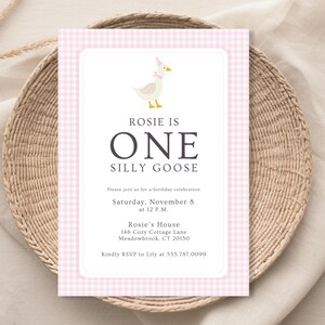 Pink Gingham One Silly Goose Birthday Invitation Template | Canva ...