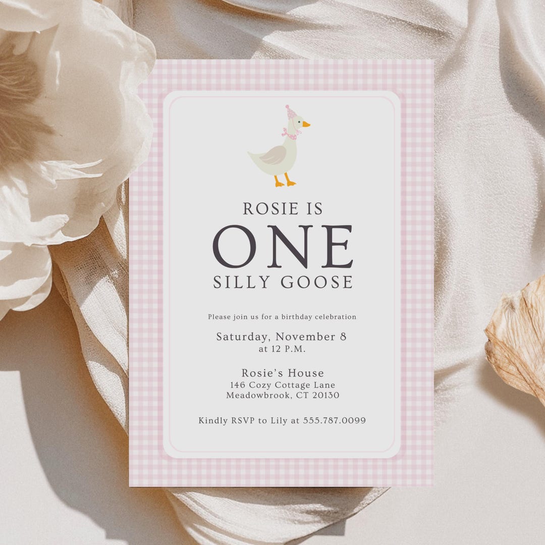 Pink Gingham One Silly Goose Birthday Invitation Template | Canva ...