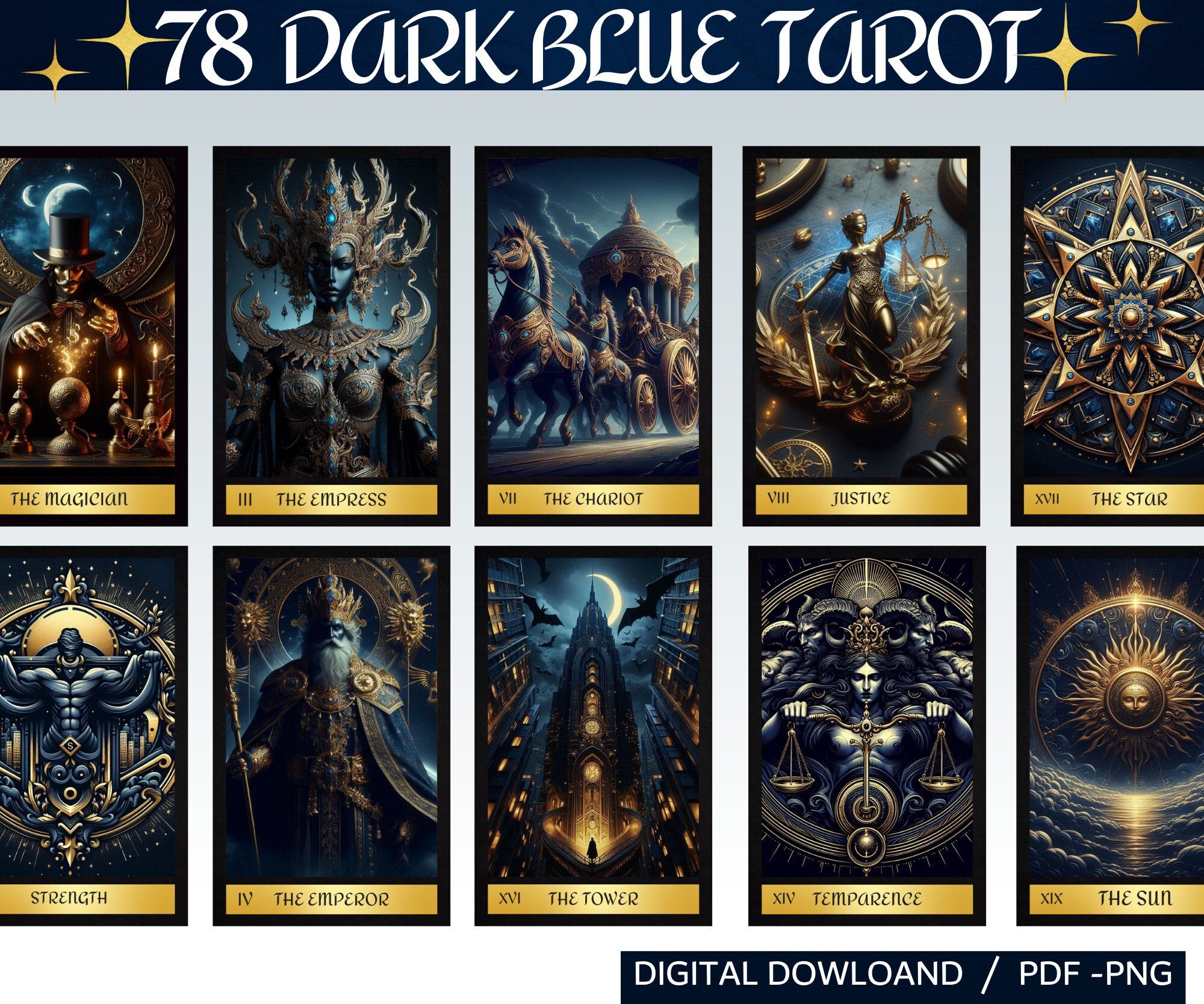 78 Dark Blue Theme Digital Tarot Cards Printable Gold Tarot Deck ...