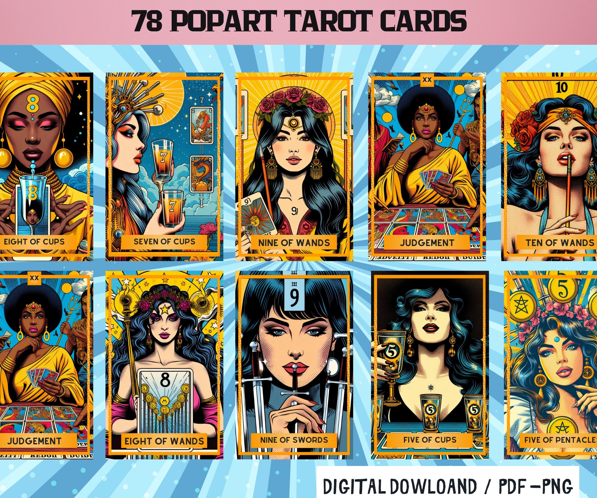 78 POP ART Theme Digital Tarot Cards Printable Tarot Deck Digital Cards ...