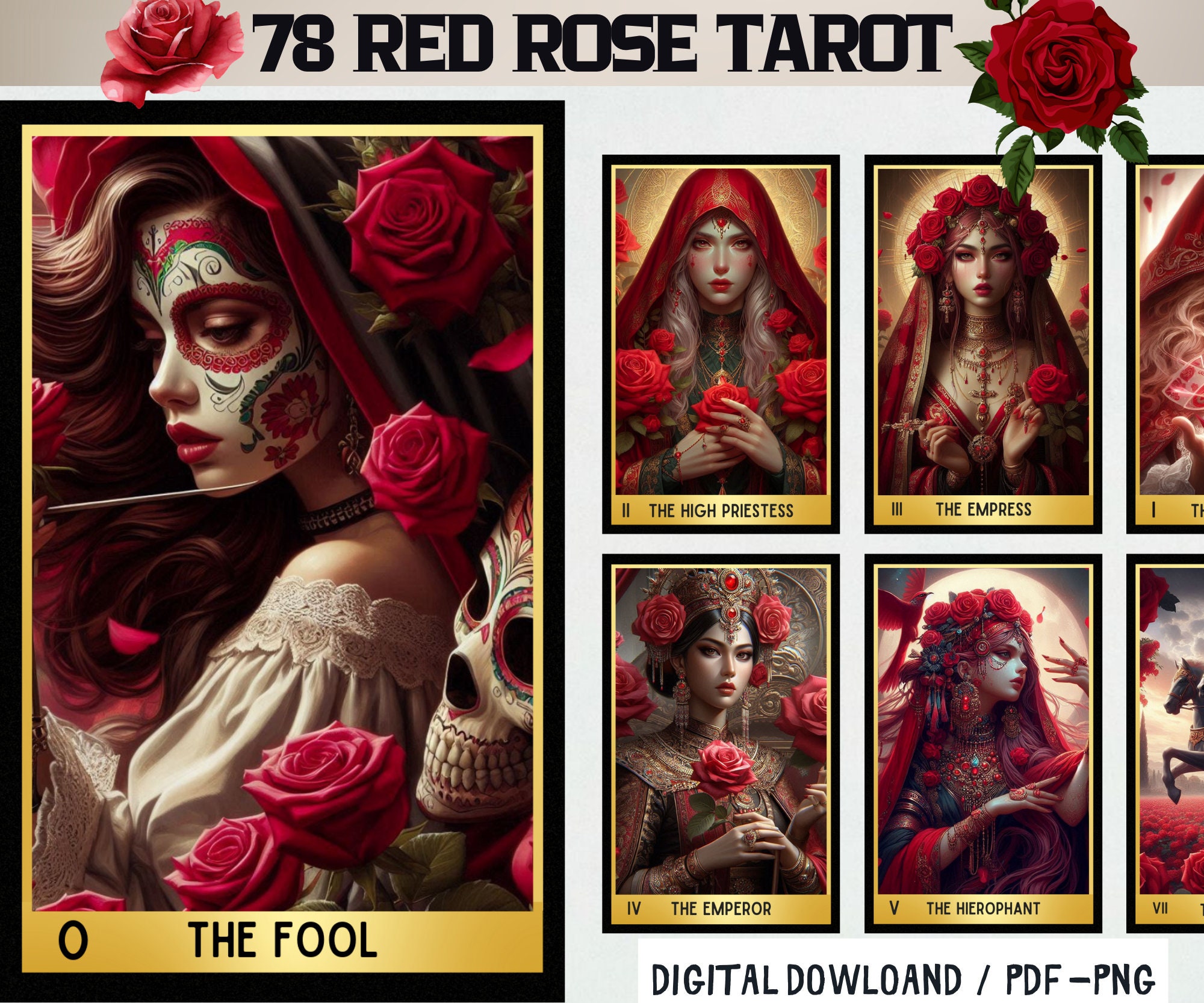78 Red Rose Theme Digital Tarot Cards Printable Tarot Deck Digital ...
