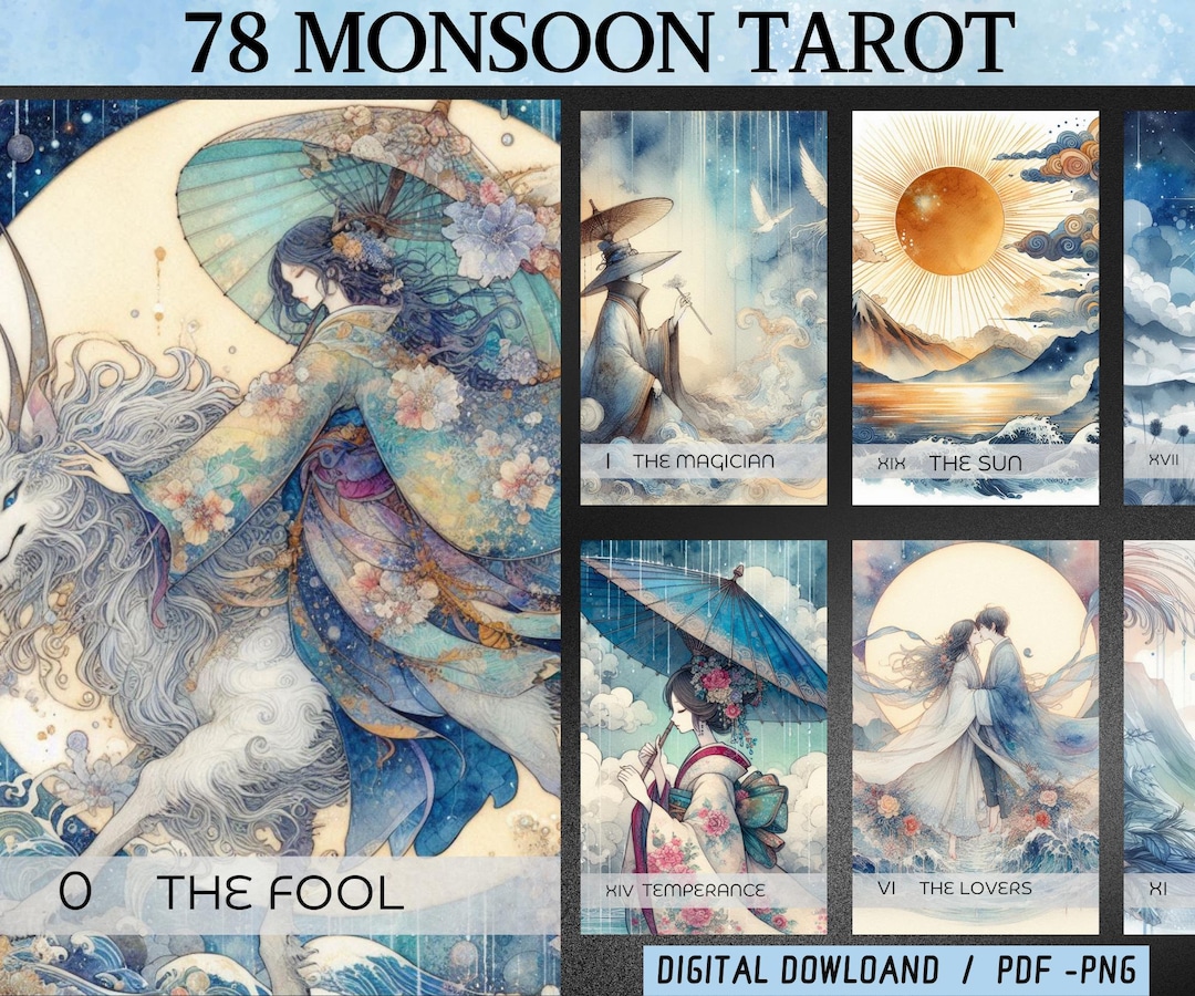 78 Monsoon Theme Digital Tarot Cards - Watercolor Printable Tarot Deck ...