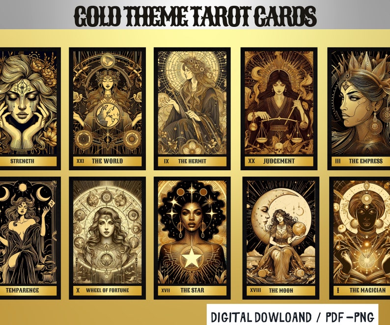 78 Gold Theme Digital Tarot Cards Printable Tarot Deck Digital Cards ...