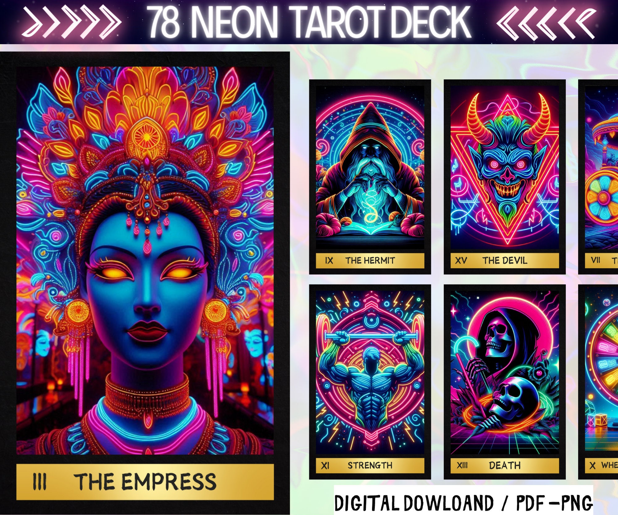 78 Neon Theme Digital Tarot Cards Printable Tarot Deck Digital Cards ...