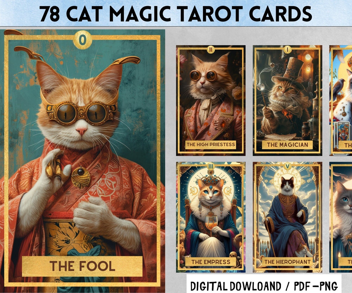 78 CAT Magic Theme Digital Tarot Cards Printable Tarot Deck Digital ...