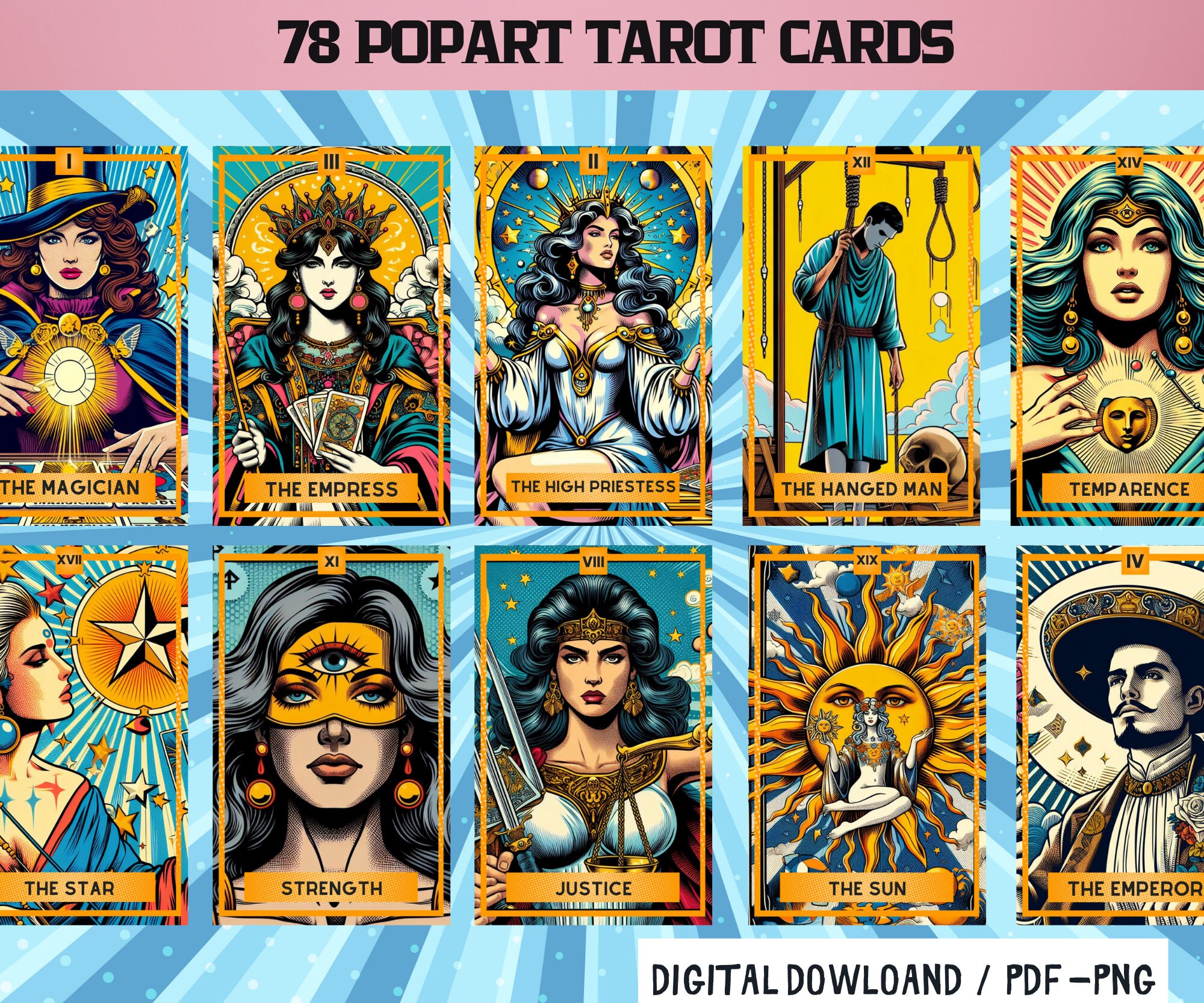 78 POP ART Theme Digital Tarot Cards Printable Tarot Deck Digital Cards ...