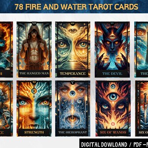 78 Fire and Water Theme Digital Tarot Cards - Printable Tarot Deck ...
