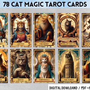 78 CAT Magic Theme Digital Tarot Cards - Printable Tarot Deck - Digital ...