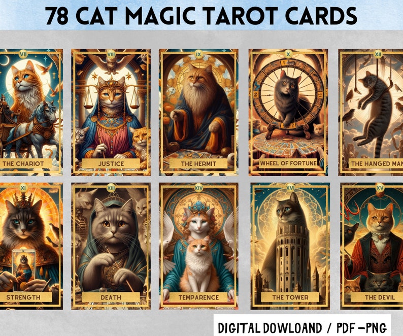 78 CAT Magic Theme Digital Tarot Cards Printable Tarot Deck Digital ...