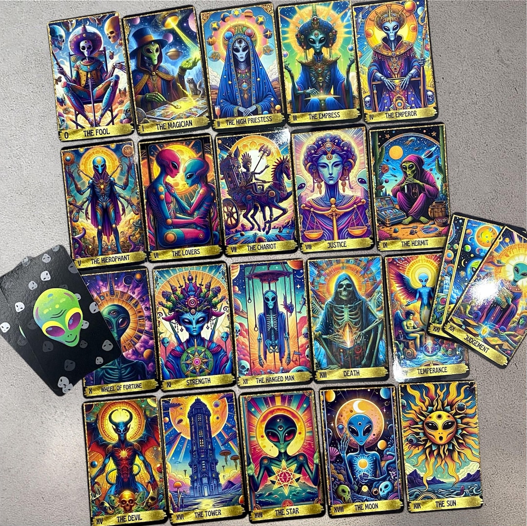 Alien Tarot Card Deck: Gold Art, 78 Cards With Box - Etsy