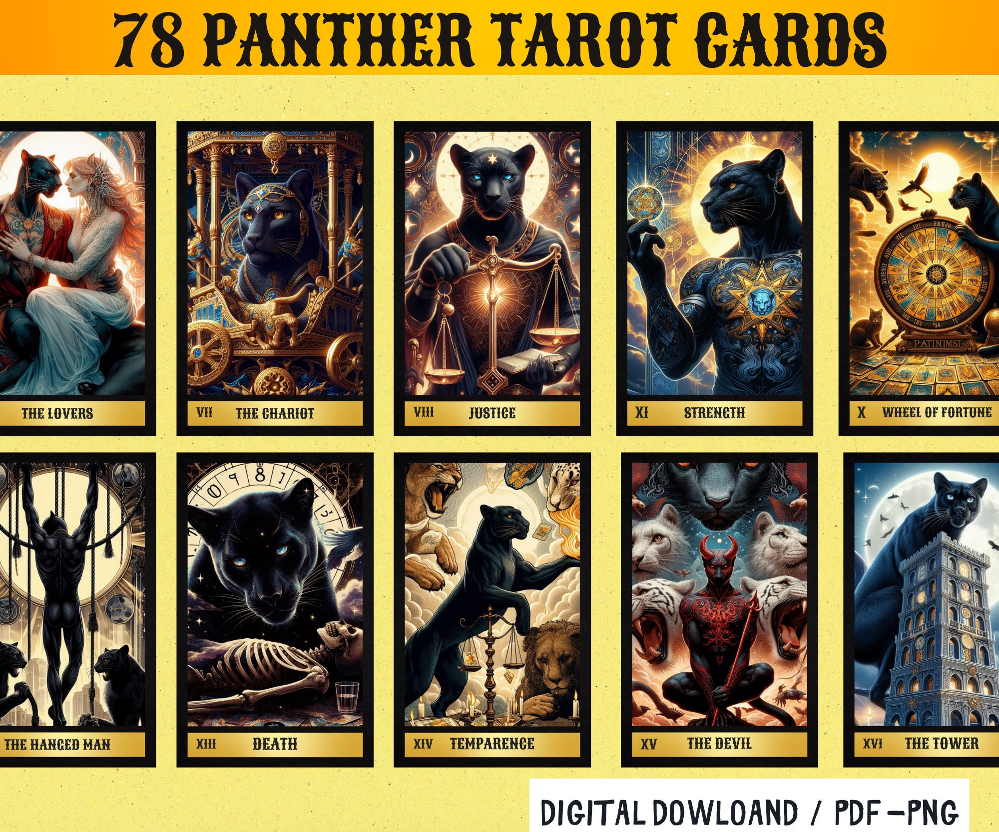78 Panther Theme Digital Tarot Cards Printable Tarot Deck Digital Cards ...