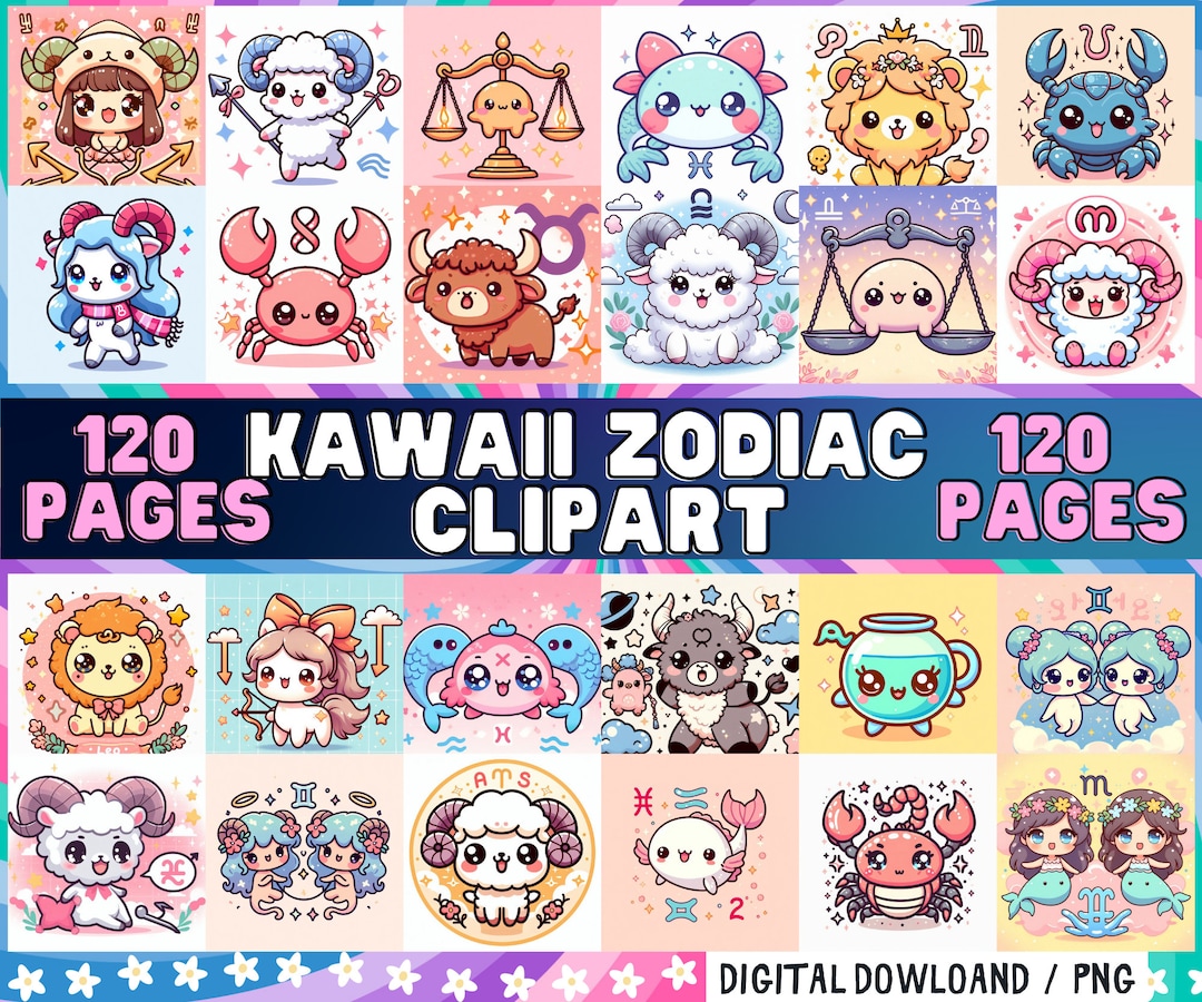 120 Kawaii Theme Zodiac Clipart 12 Zodiac Cards Printable Cute Zodiac ...