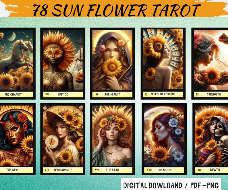 78 Sun Flower Theme Digital Tarot Cards Printable Tarot Deck Digital ...