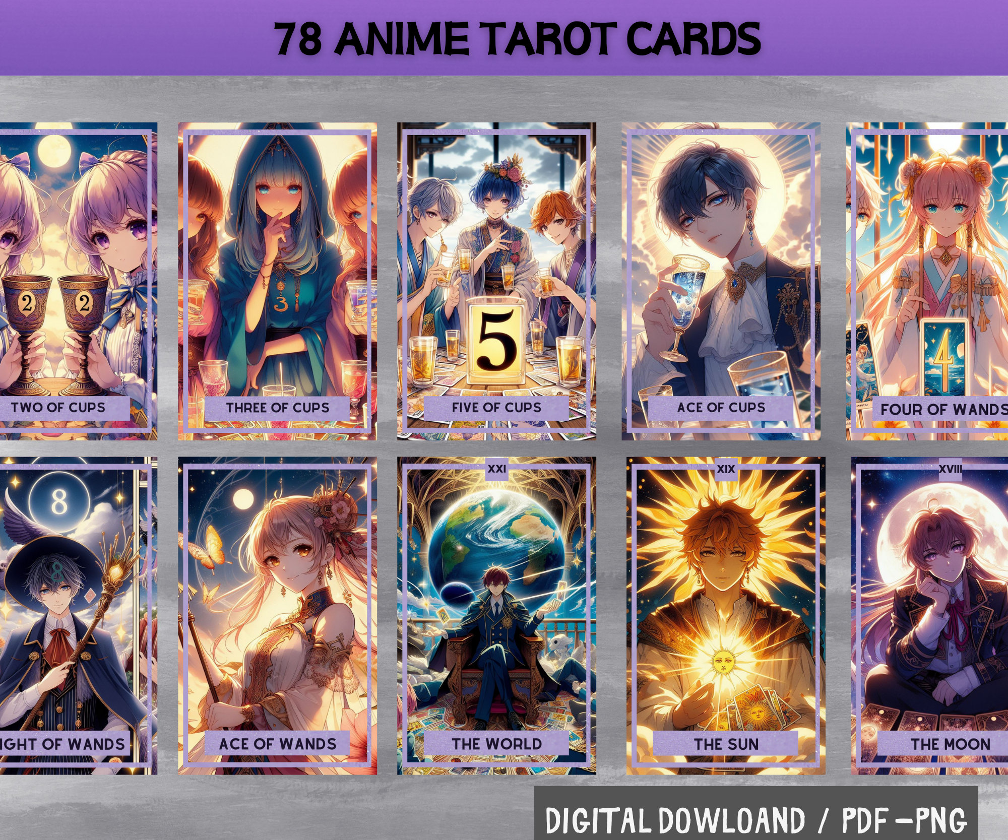 78 Anime Theme Digital Tarot Cards Printable Tarot Deck Digital Cards ...