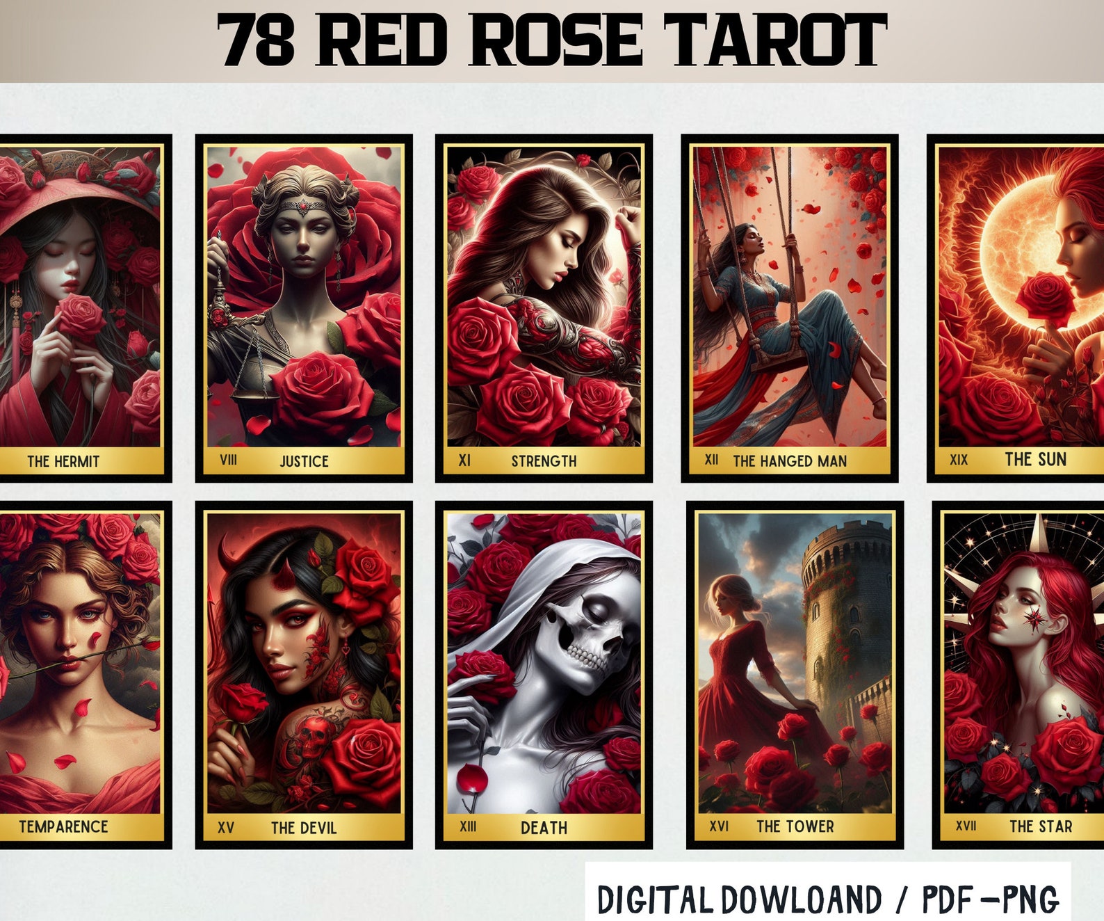 78 Red Rose Theme Digital Tarot Cards Printable Tarot Deck Digital ...