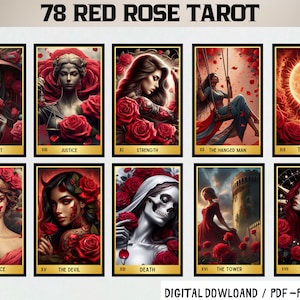 78 Red Rose Theme Digital Tarot Cards - Printable Tarot Deck - Digital ...