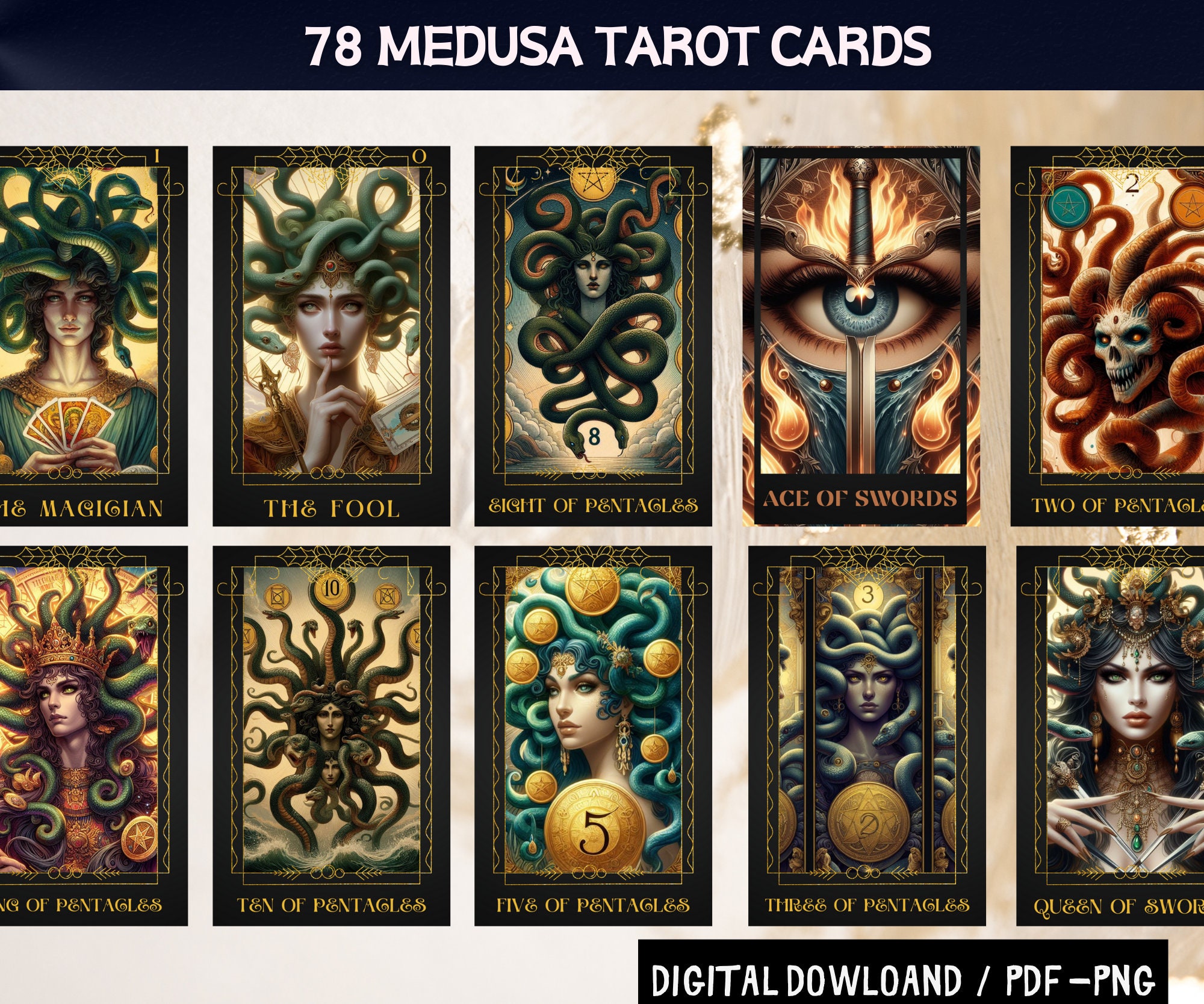 78 Medusa Theme Tarot Cards: Printable Oracle Deck (digital Download ...