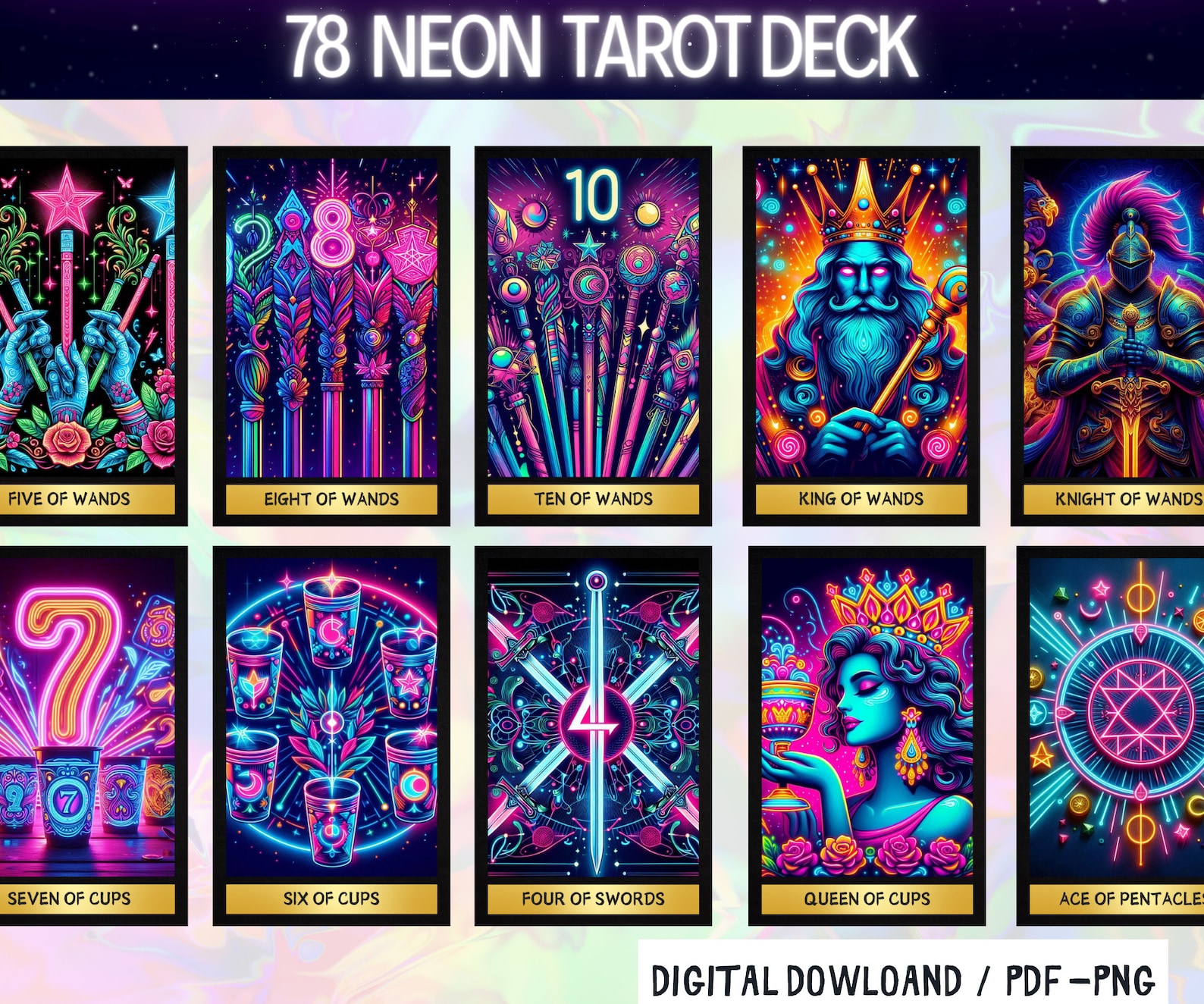 78 Neon Theme Digital Tarot Cards Printable Tarot Deck Digital Cards ...