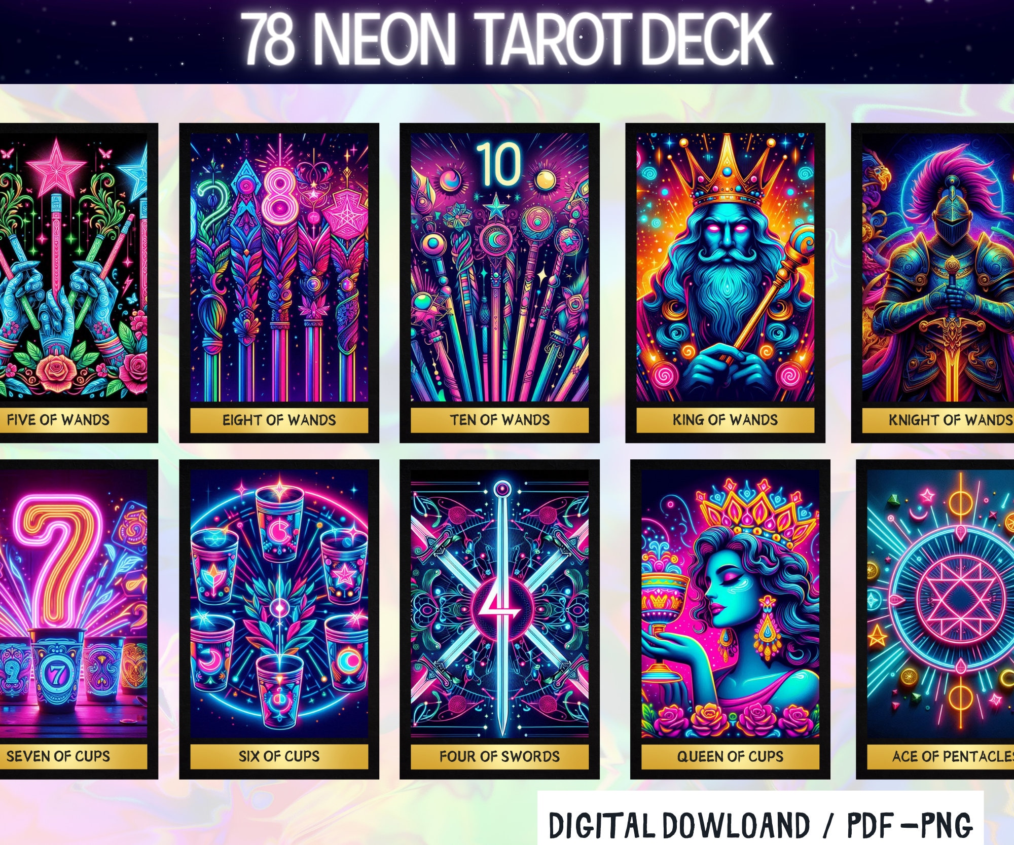 78 Neon Theme Digital Tarot Cards Printable Tarot Deck Digital Cards ...
