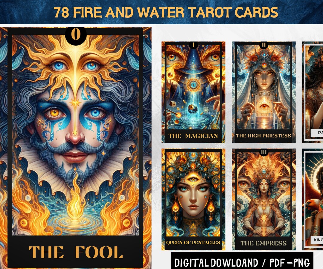 78 Fire and Water Theme Digital Tarot Cards - Printable Tarot Deck ...