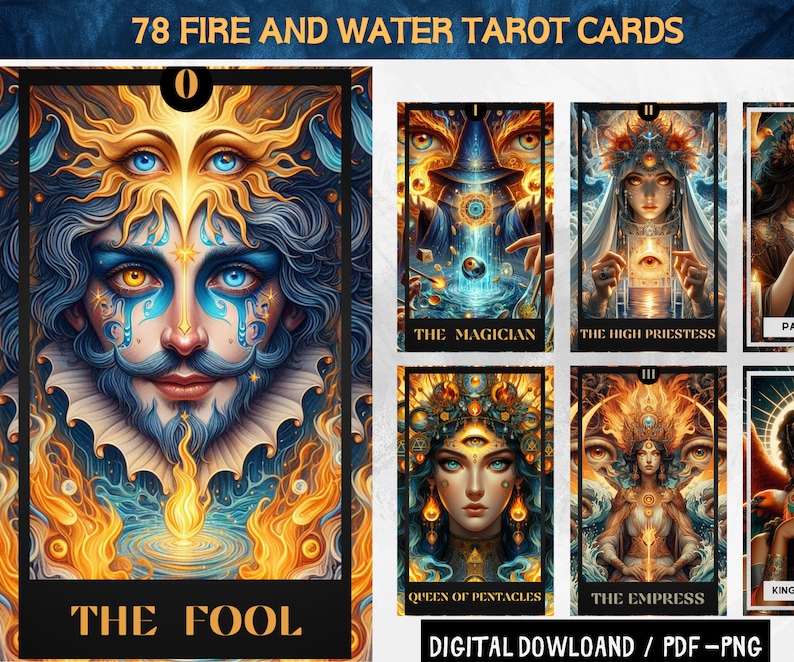 78 Fire and Water Theme Digital Tarot Cards Printable Tarot Deck ...