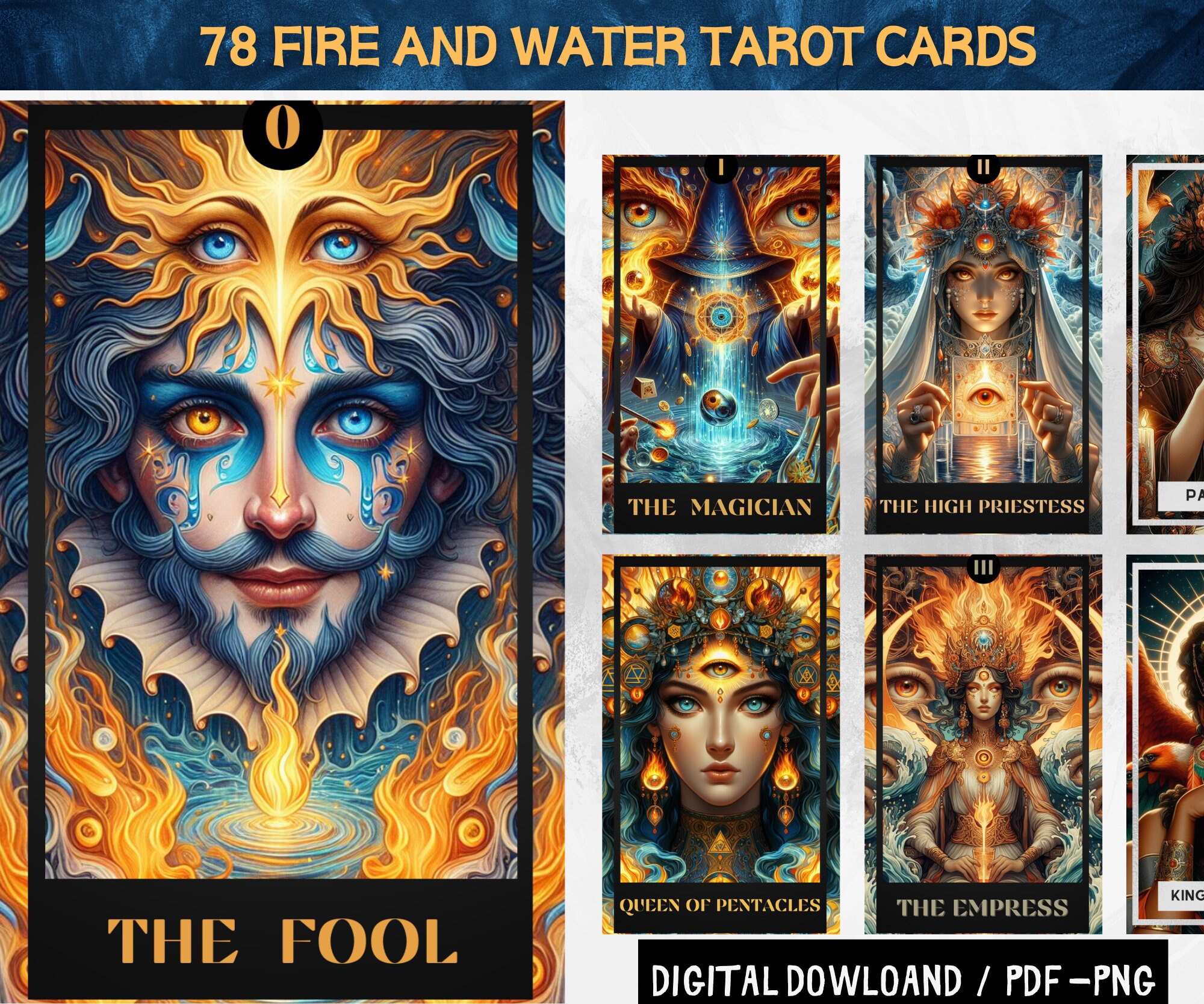 78 Fire and Water Theme Digital Tarot Cards Printable Tarot Deck ...