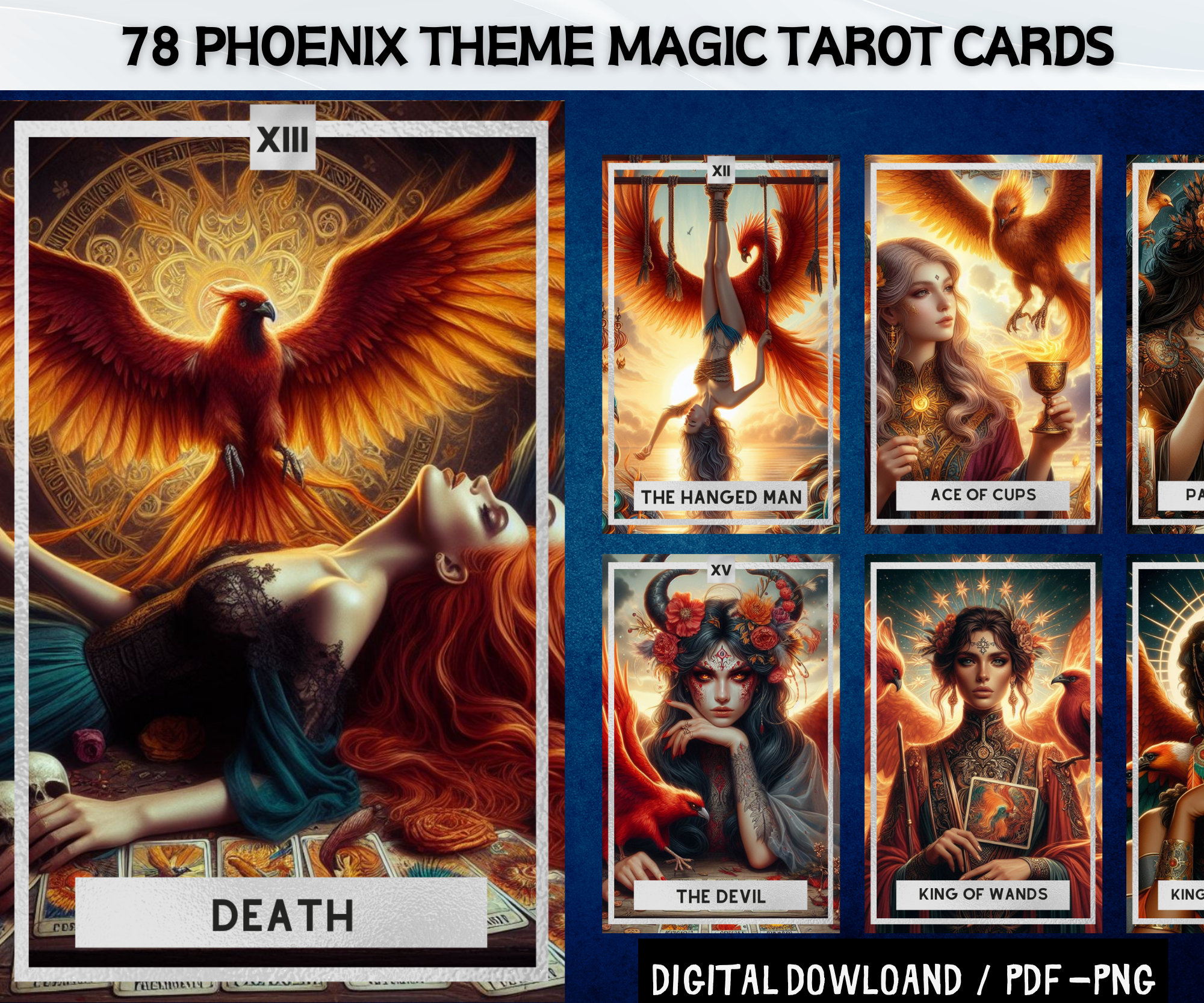 78 Phoenix Bird Theme Digital Tarot Cards Printable Tarot Deck Digital ...