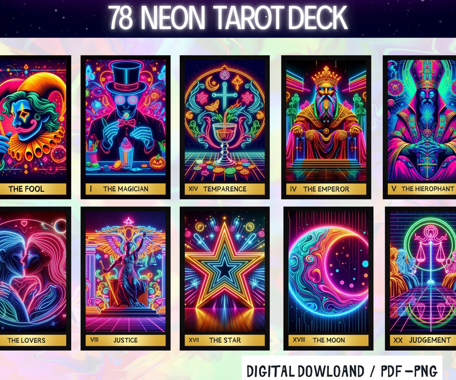 78 Neon Tarot Cards: Printable Digital Deck (PNG) - Etsy