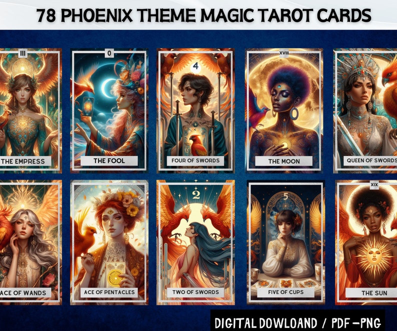78 Phoenix Bird Theme Digital Tarot Cards Printable Tarot Deck Digital ...