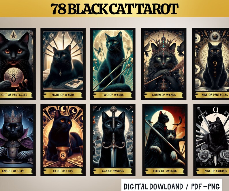 78 Black Cat Theme Digital Tarot Cards Printable Tarot Deck Digital ...