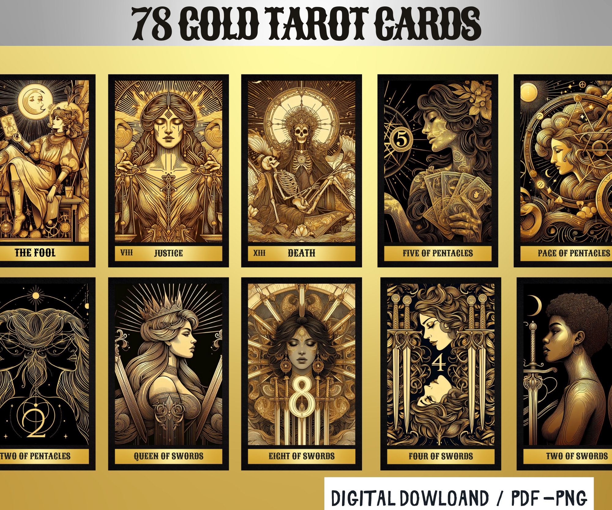 78 Gold Theme Digital Tarot Cards Printable Tarot Deck Digital Cards ...