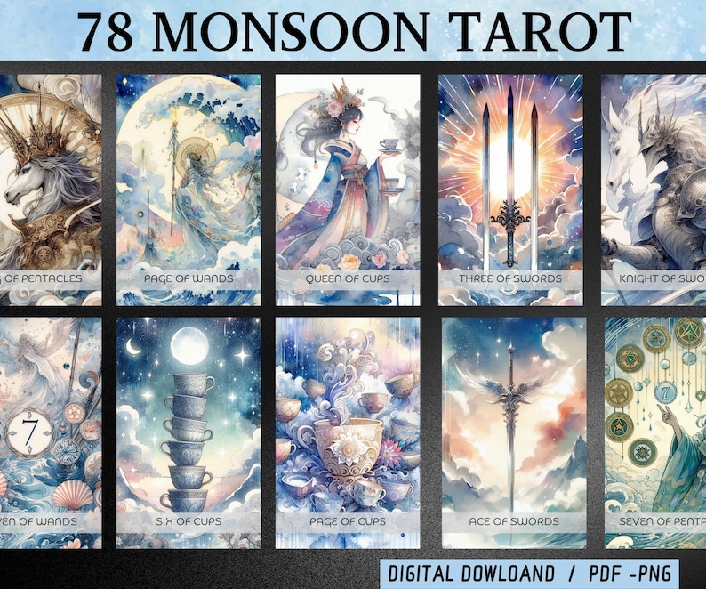 78 Monsoon Tarot Cards: Watercolor Printable Deck (digital Download) - Etsy