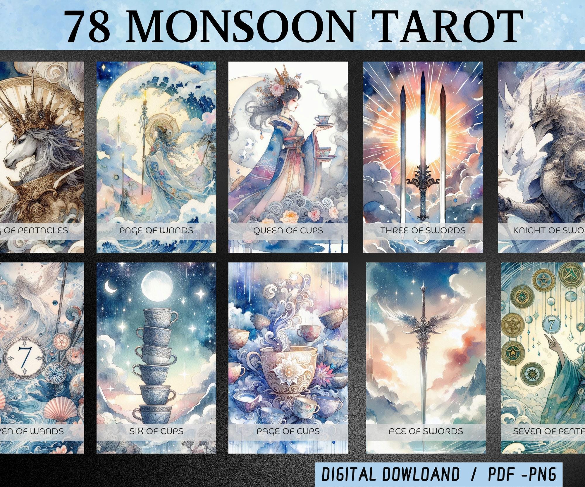 78 Monsoon Tarot Cards: Watercolor Printable Deck (digital Download) - Etsy