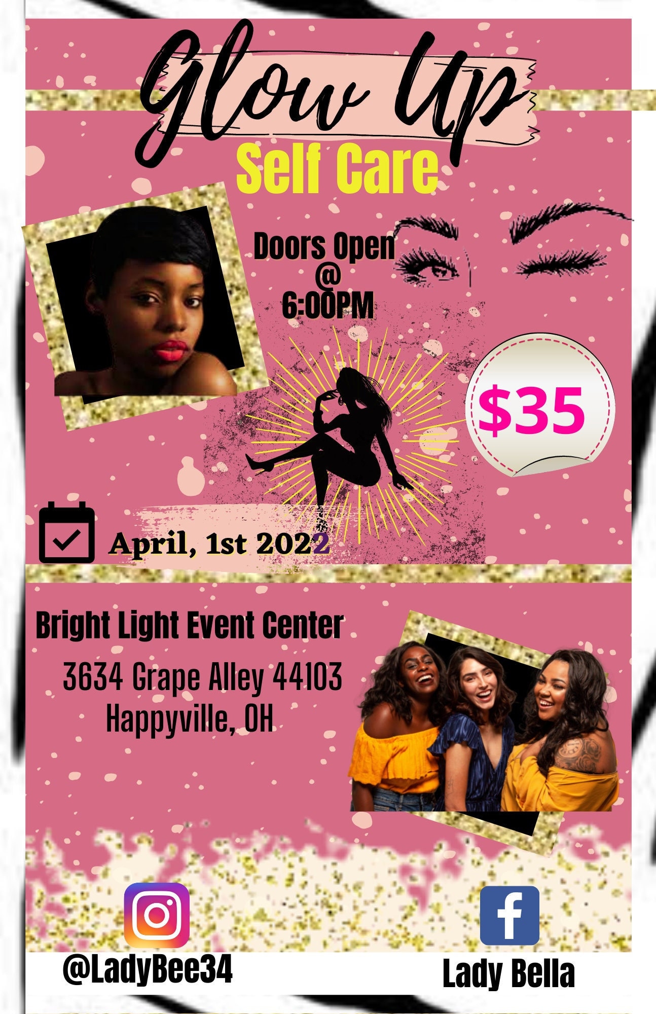 Editable DIY Self Care Flyer Template With Glitter and Glam Pink Theme ...