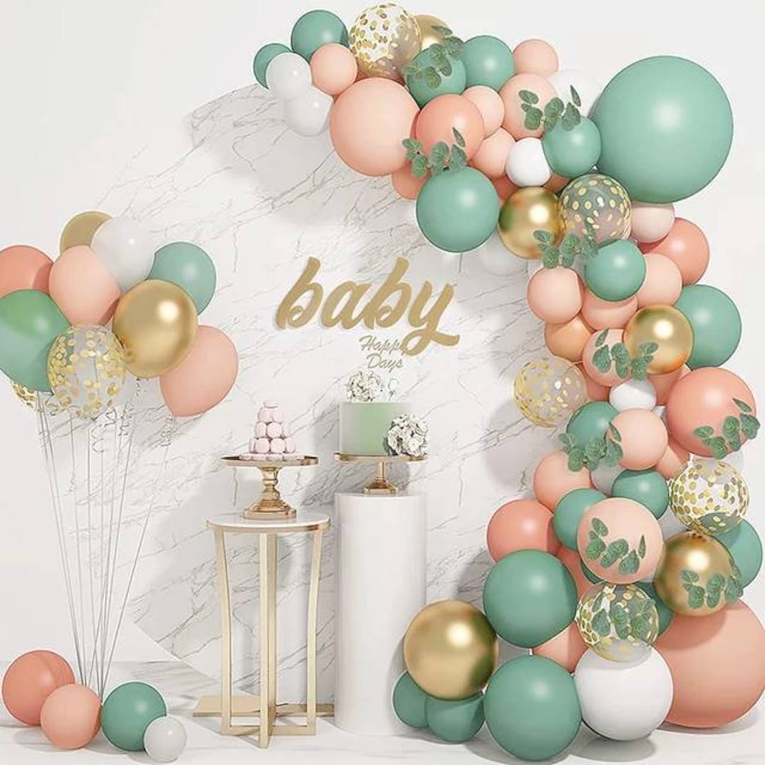 Eucalyptus Sage Green Peach & Gold Balloon Garland Arch Kit for Weddings Baby Shower Bridal ...