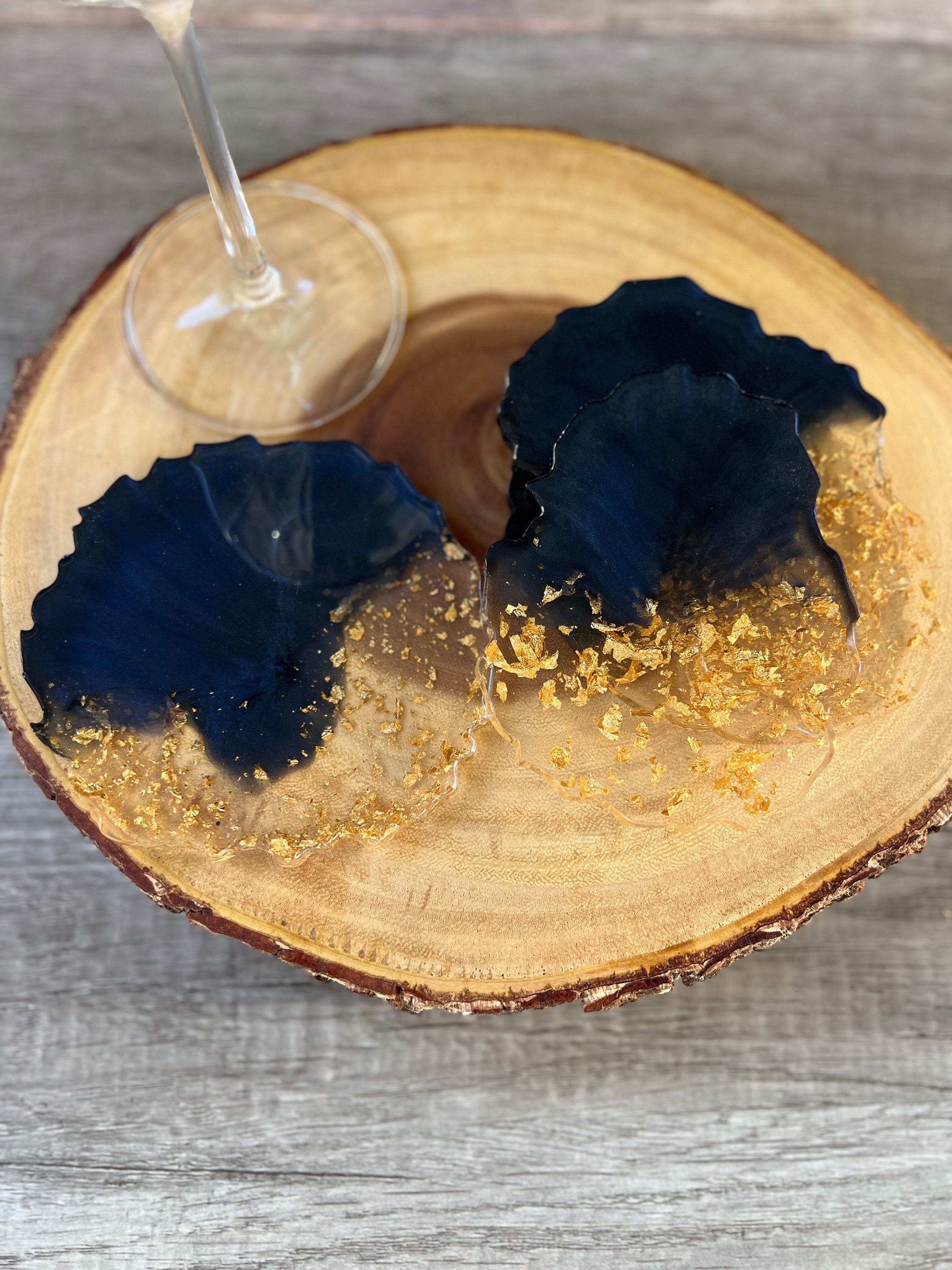 Navy Blue Agate Coaster Set W/gold Flakes Set of 4 Round Resin Drink ...