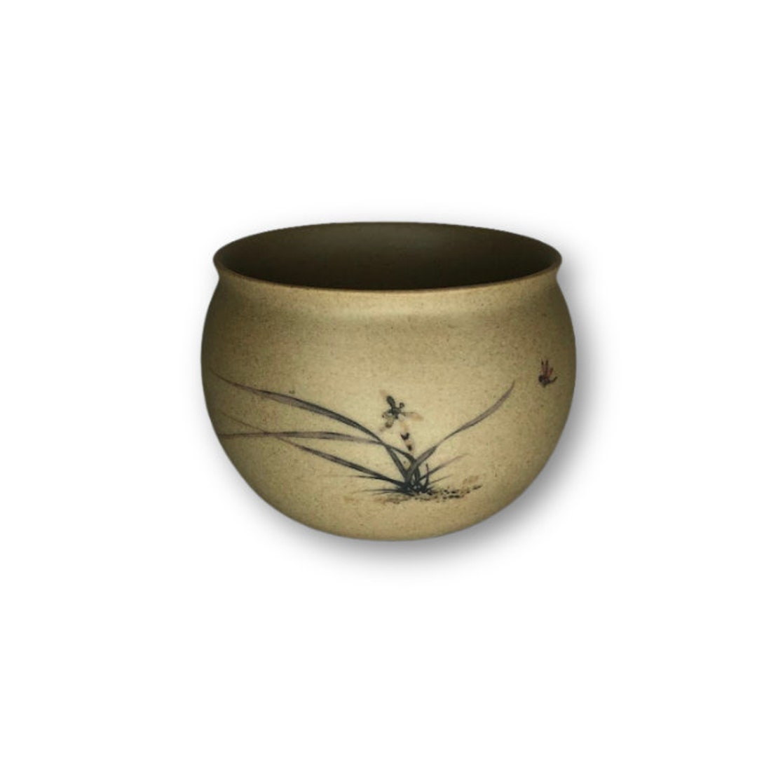 Tan Asian Style Pot With Blade of Grass Dragon Fly, Flower Pot ...