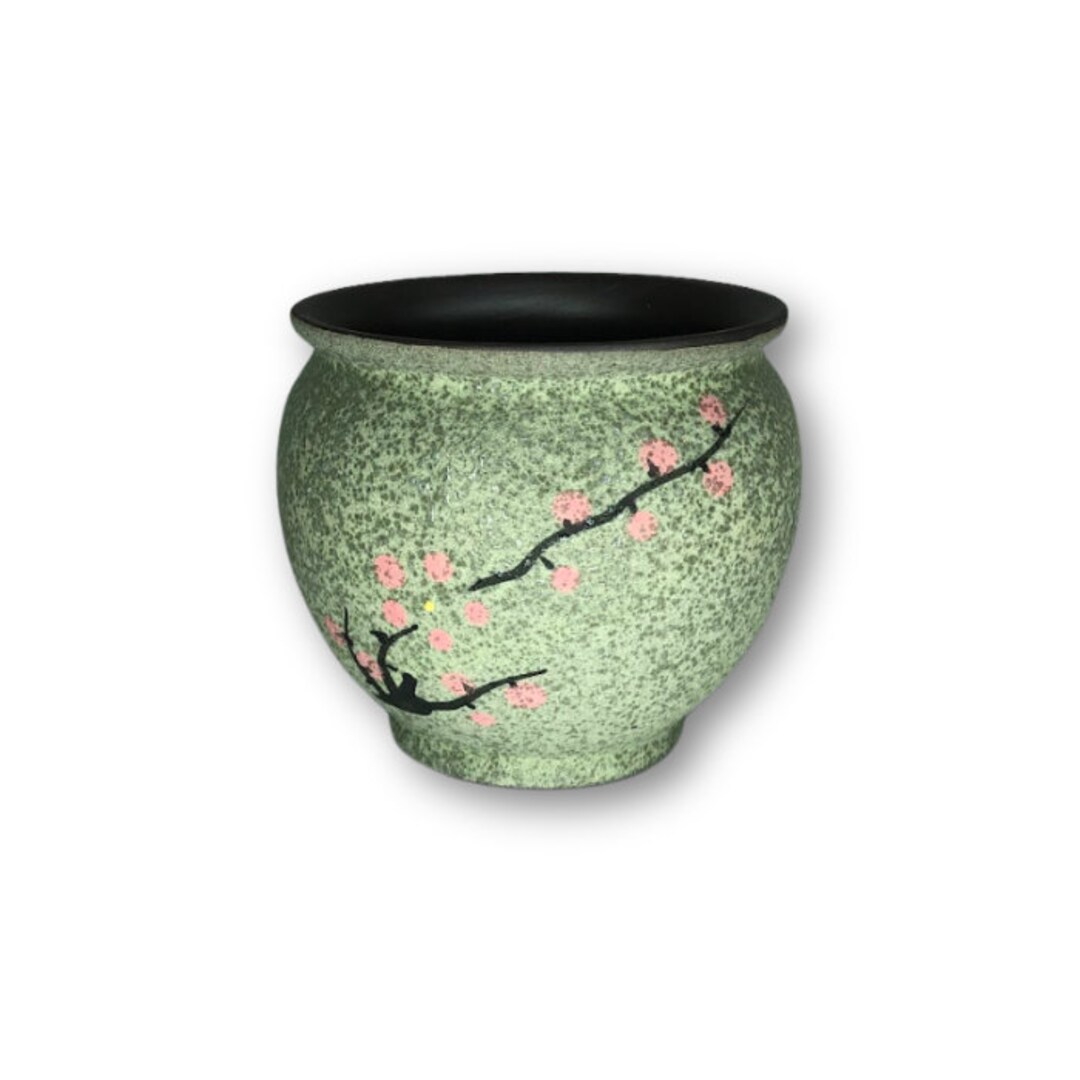 Green Asian Style Pot With Cherry Blossom Branch, Decorative Flower Pot ...