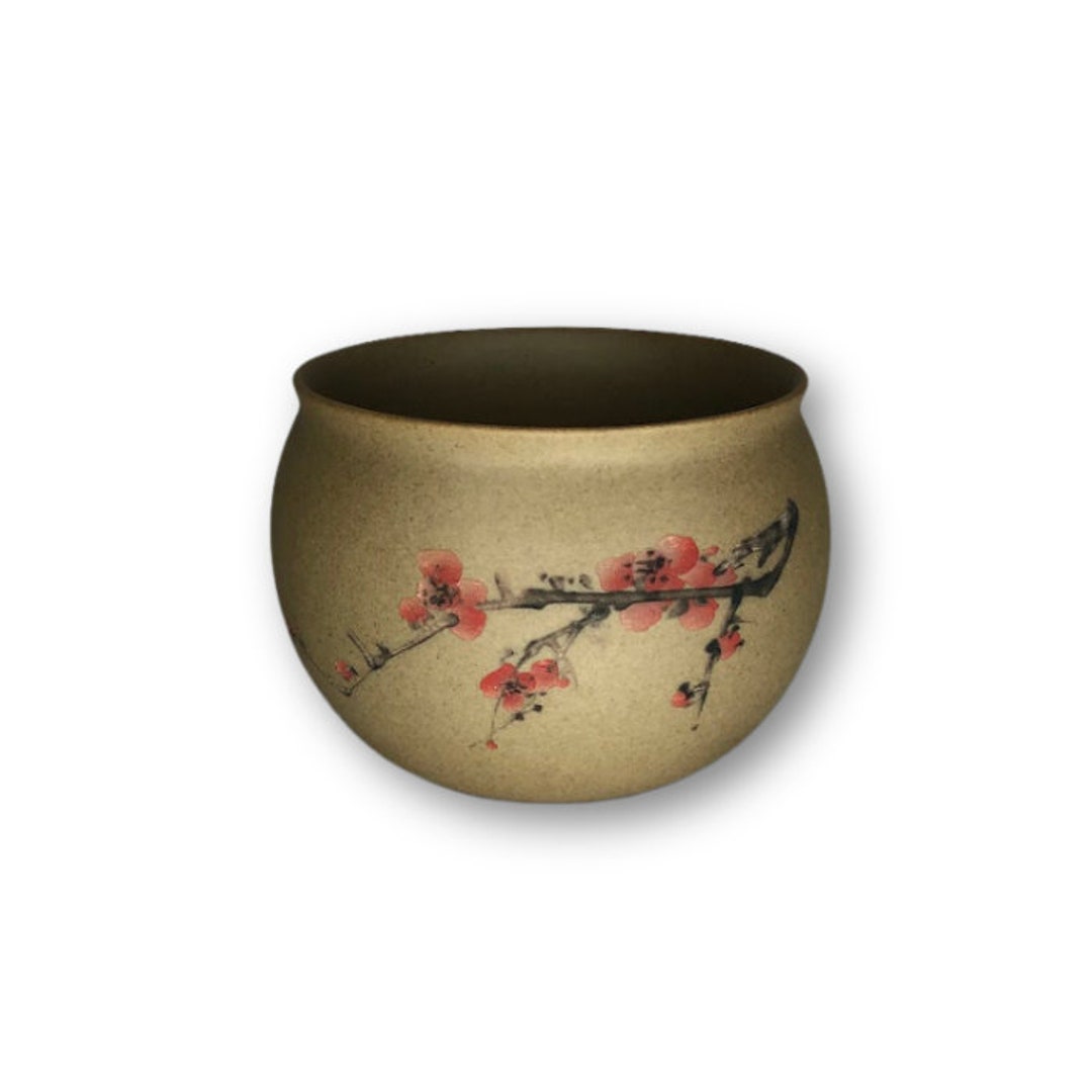 Tan Asian Style Pot With Pink Cherry Blossom, Flower Pot Decorative ...