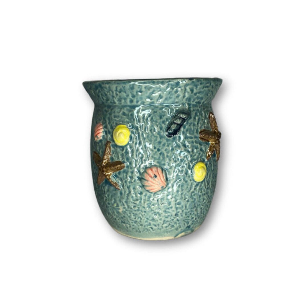 Blue Round Pot With Flared Edge and Raised Sea Shells Beach Decor - Etsy