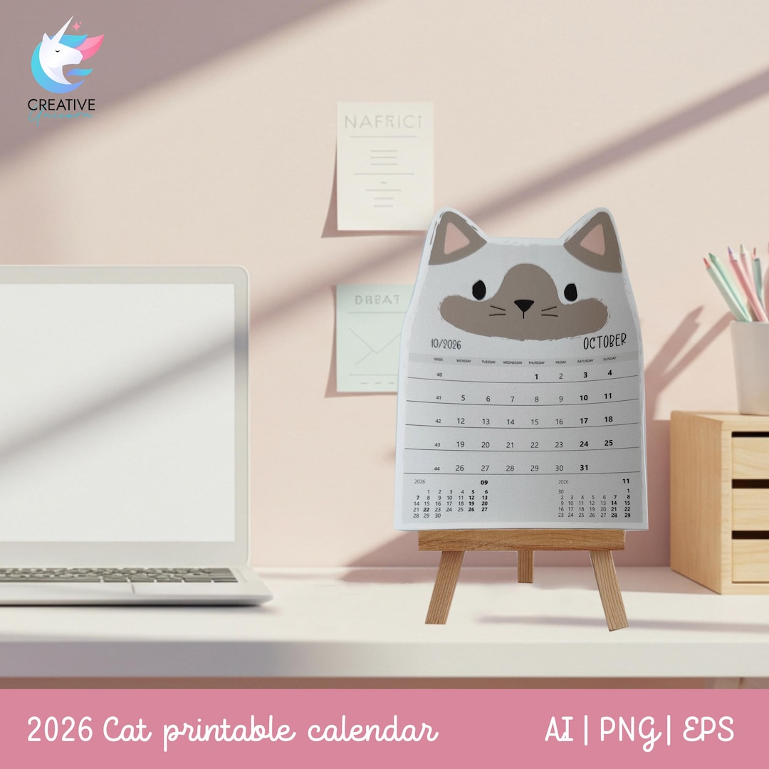 Printable 2026 Cat Desk Calendar – Kawaii Kitty Digital Download ...