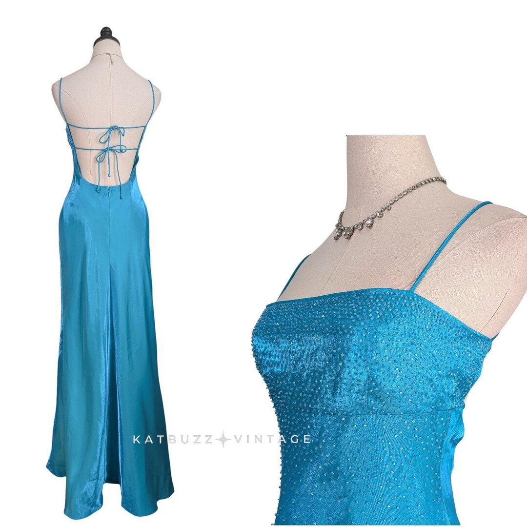 Vintage Morgan Co Prom Dress Maxi Gown 8 Blue 90s Y2K Grunge Glam Bead ...
