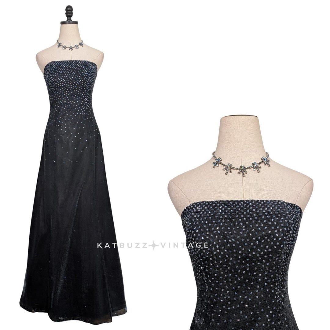 Vintage Jump Prom Dress Maxi Ball Gown 4 Blue Black Y2K Metallic ...