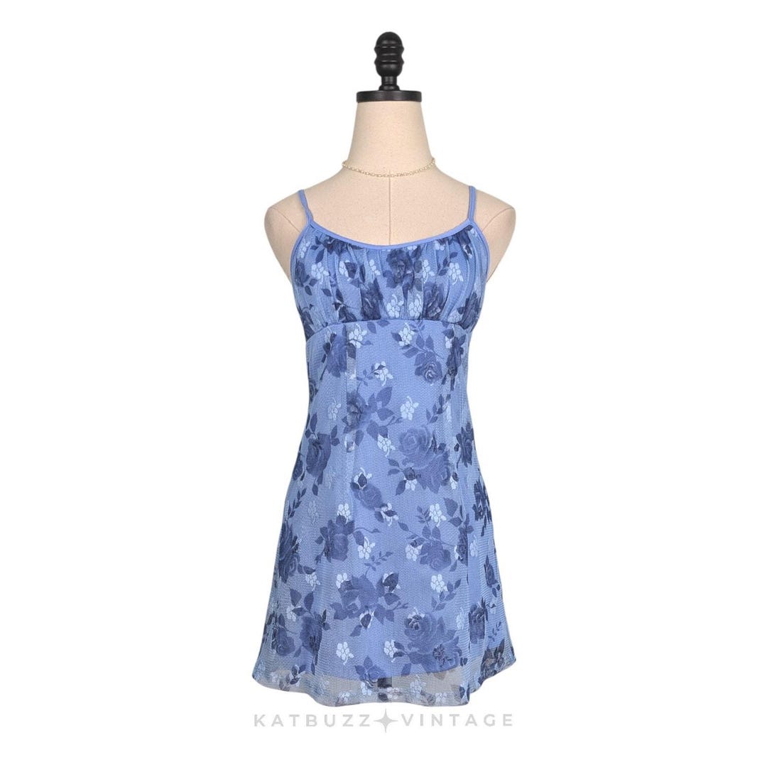 Vintage Mini Dress S Blue Floral 90s Y2K Milkmaid Mesh Sundress Slip ...