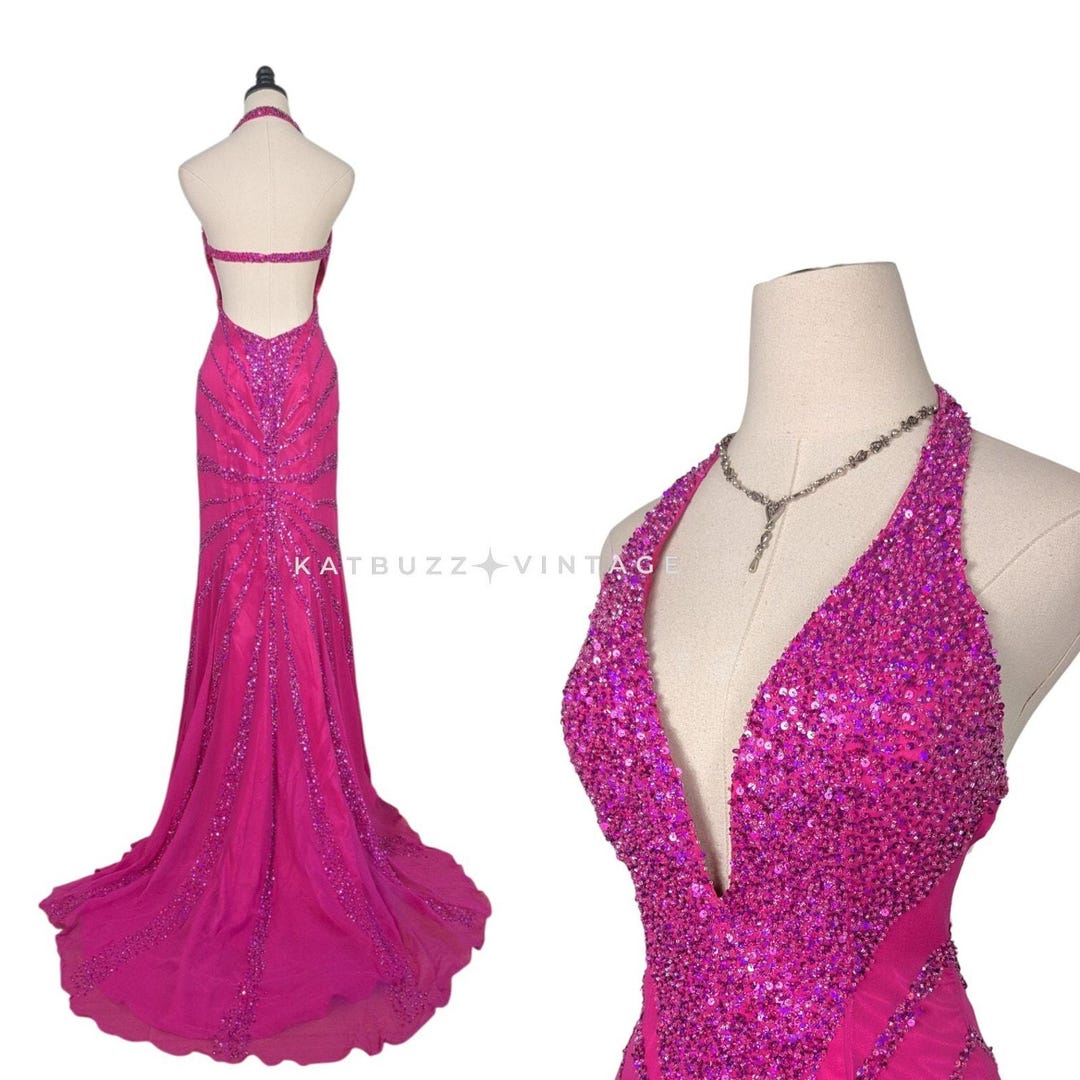 Vintage Silk Prom Dress Maxi Ball Gown 2 Pink Y2K Bead Sequin Glam ...