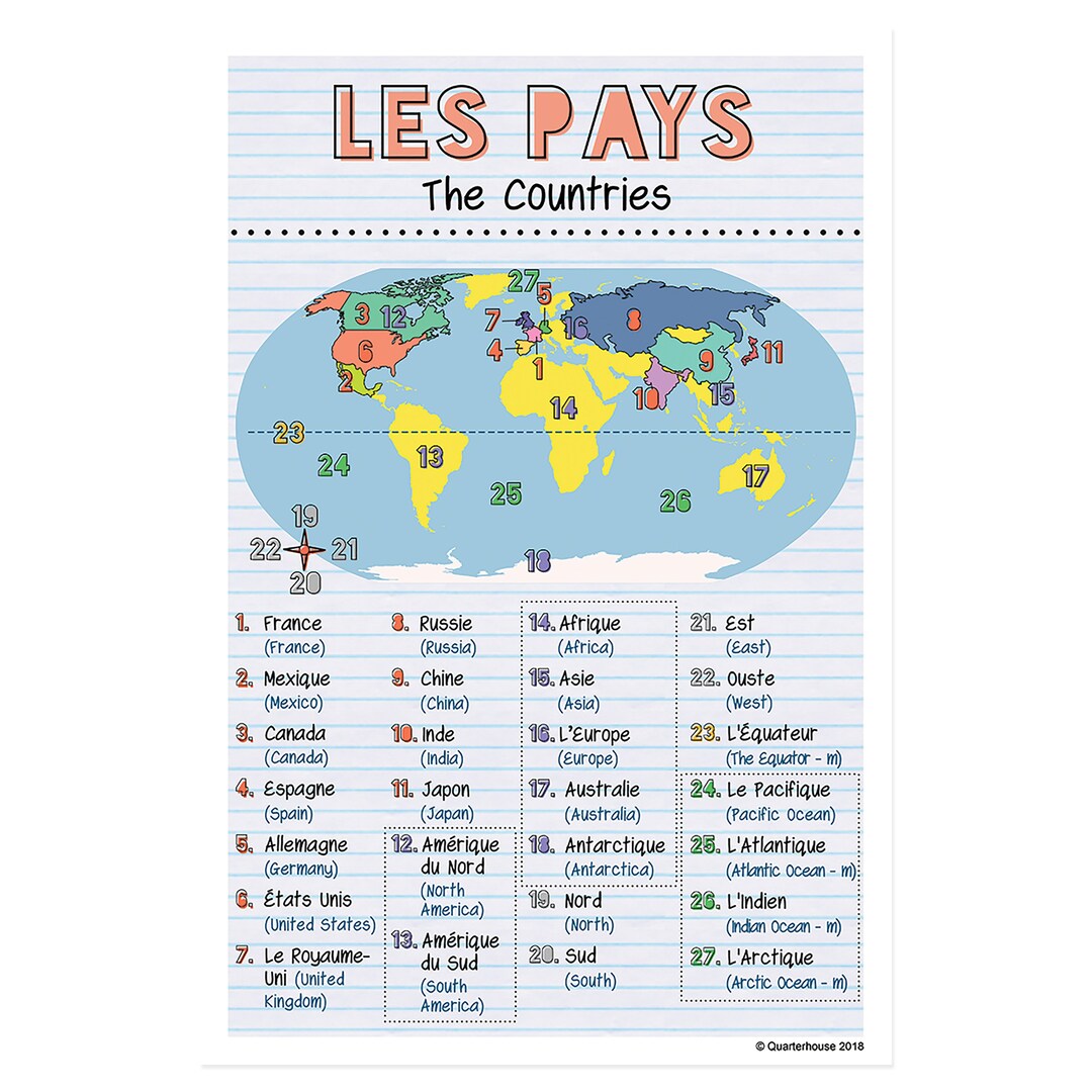 Quarterhouse French Vocabulary - Countries Poster, French and ESL ...