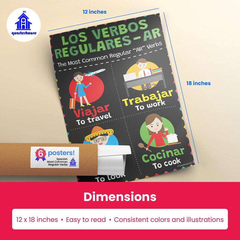 Quarterhouse Spanish Most Common Regular -ar, -er, and -ir Verbs Poster ...