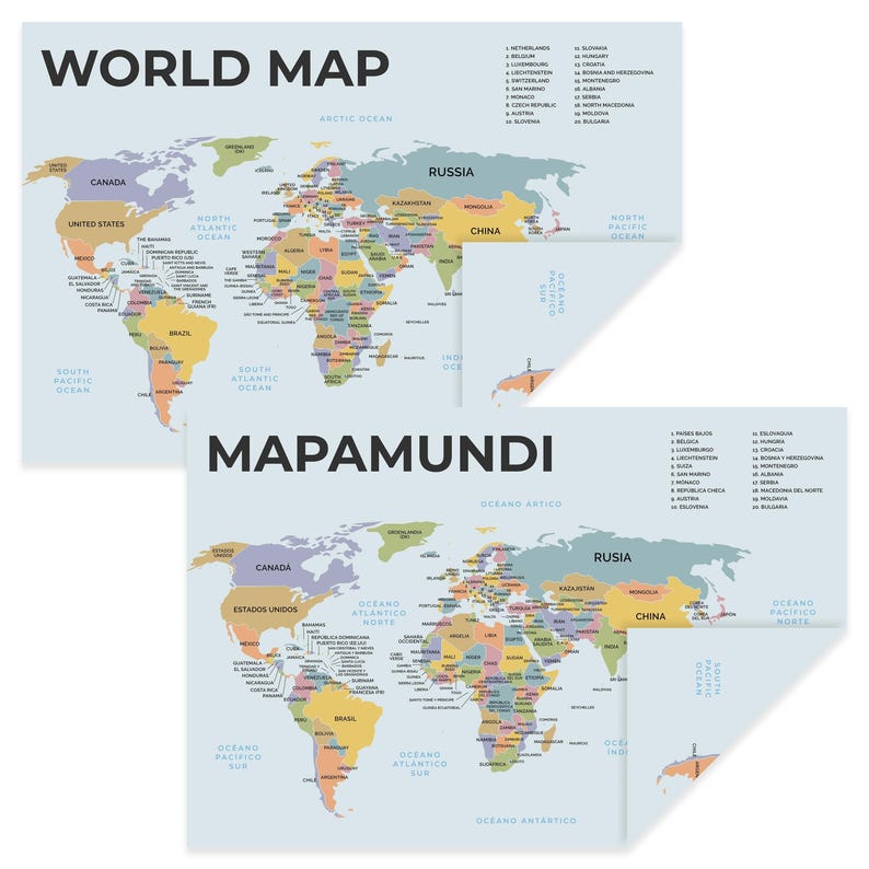 Quarterhouse English-spanish Educational Map - World (mapamundi) Poster ...